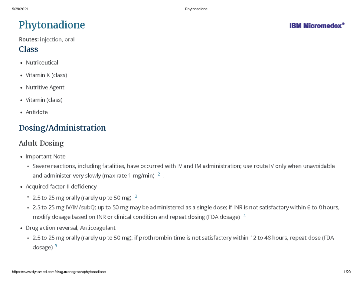 Phytonadione - Phytonadione Routes: injection, oral Class Dosing ...