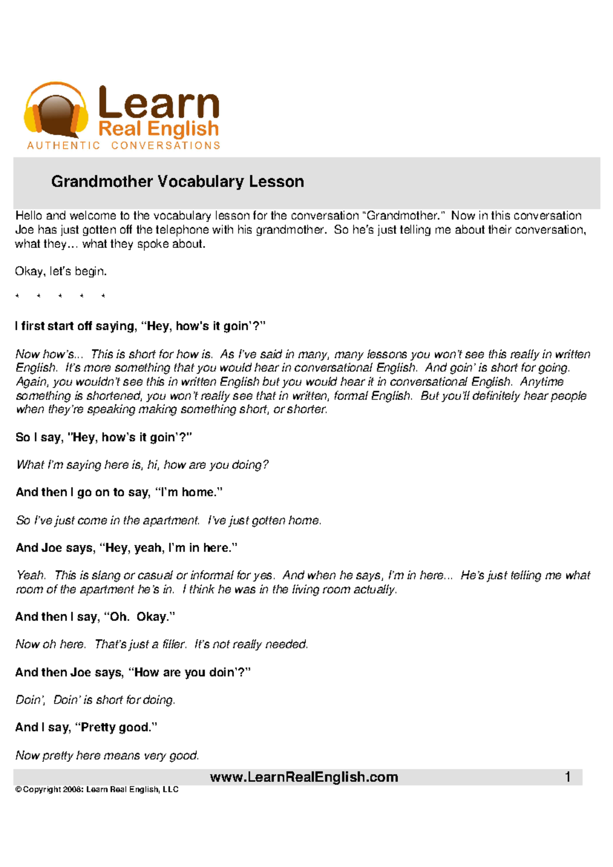 Grandmother Vocabulary - LearnRealEnglish 1 Hello and welcome to the ...