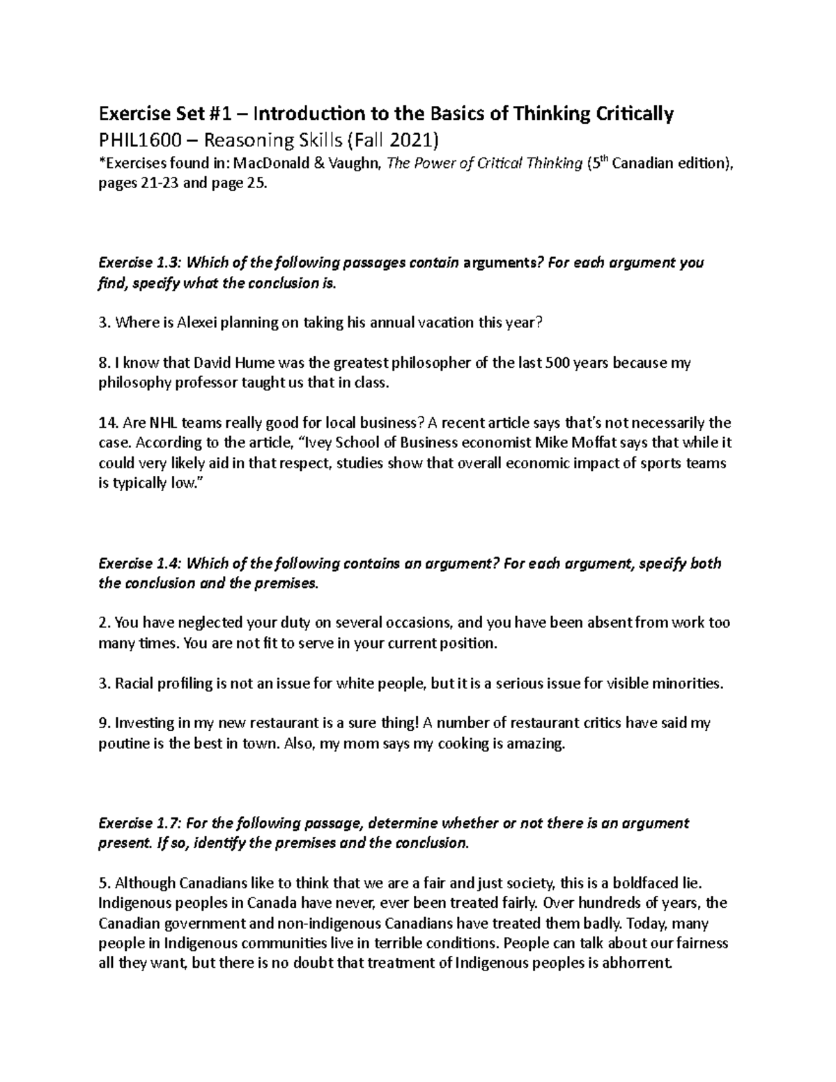 Exercise Set #1 - Formatted - Exercise Set #1 – Introduction to the Basics of Thinking ...