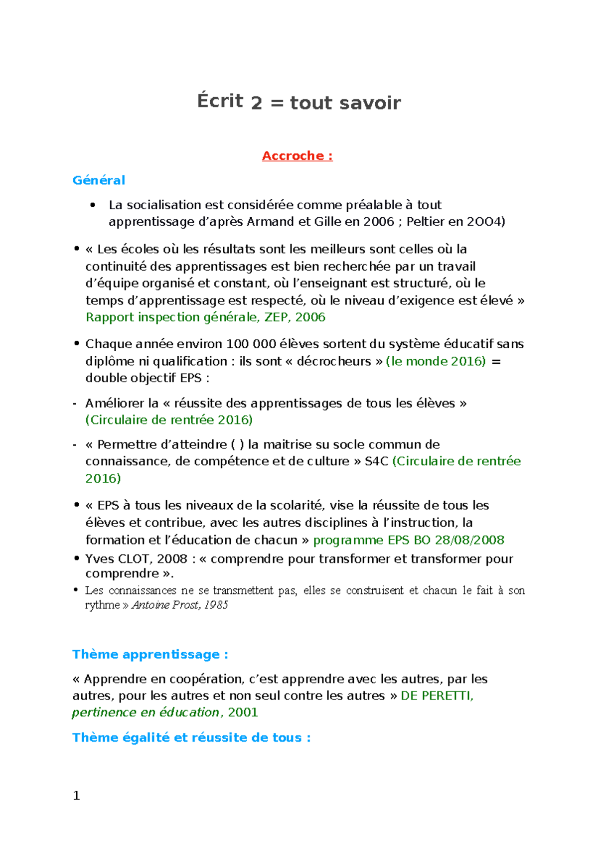 Tout savoir sur ecrit 2 w - Écrit 2 = tout savoir Accroche : Général La socialisation est - Studocu
