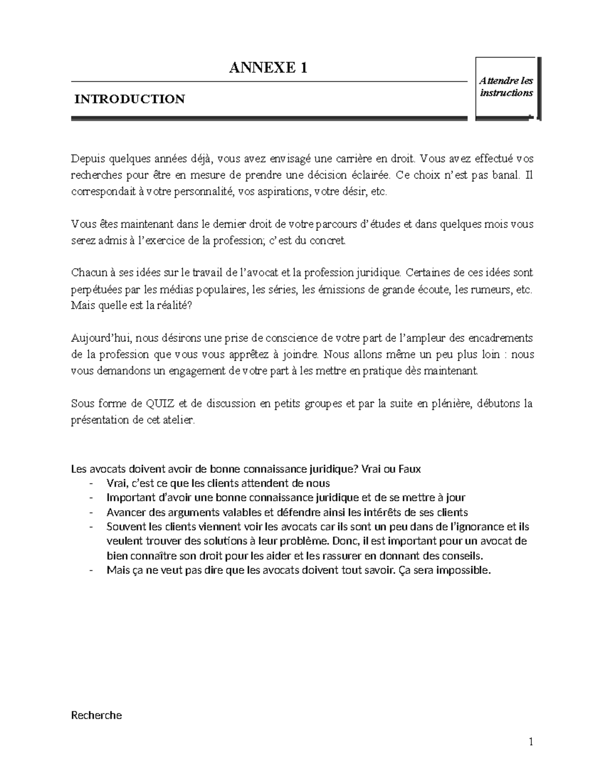 Annexe 1 - Introduction - ANNEXE 1 Attendre les instructions ...