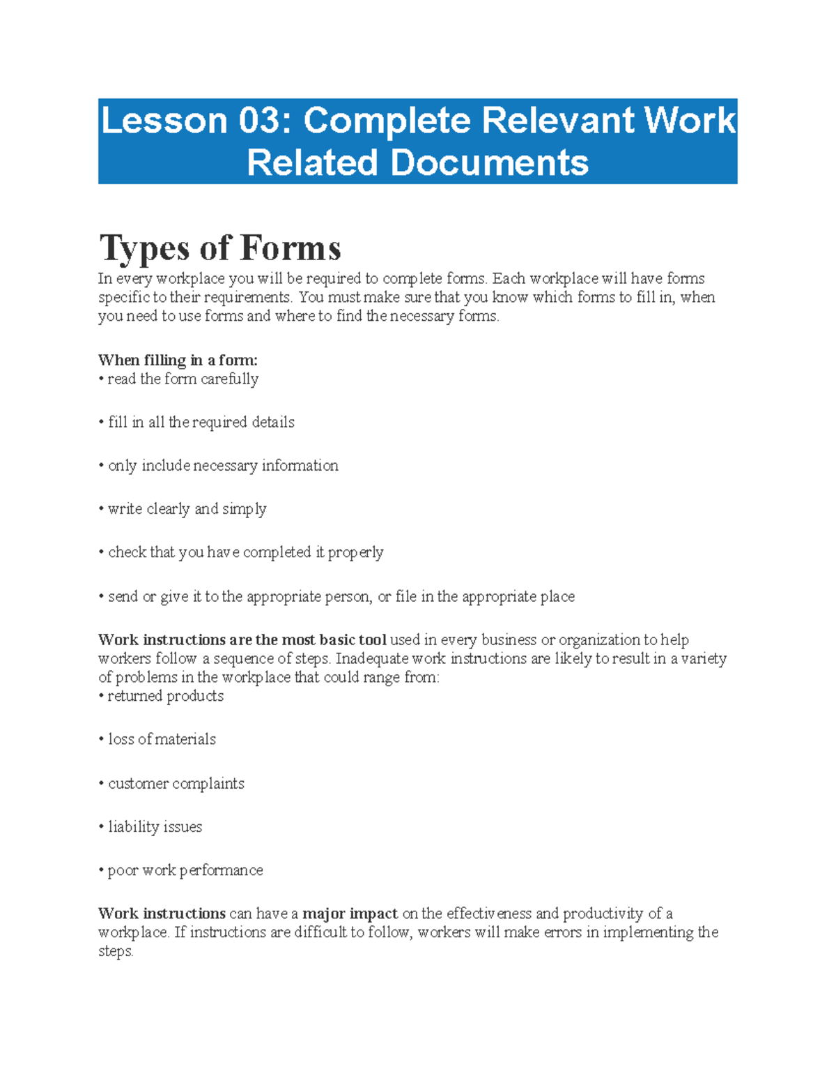 Lesson 03 Complete Relevant Work Related Documents - Each workplace ...
