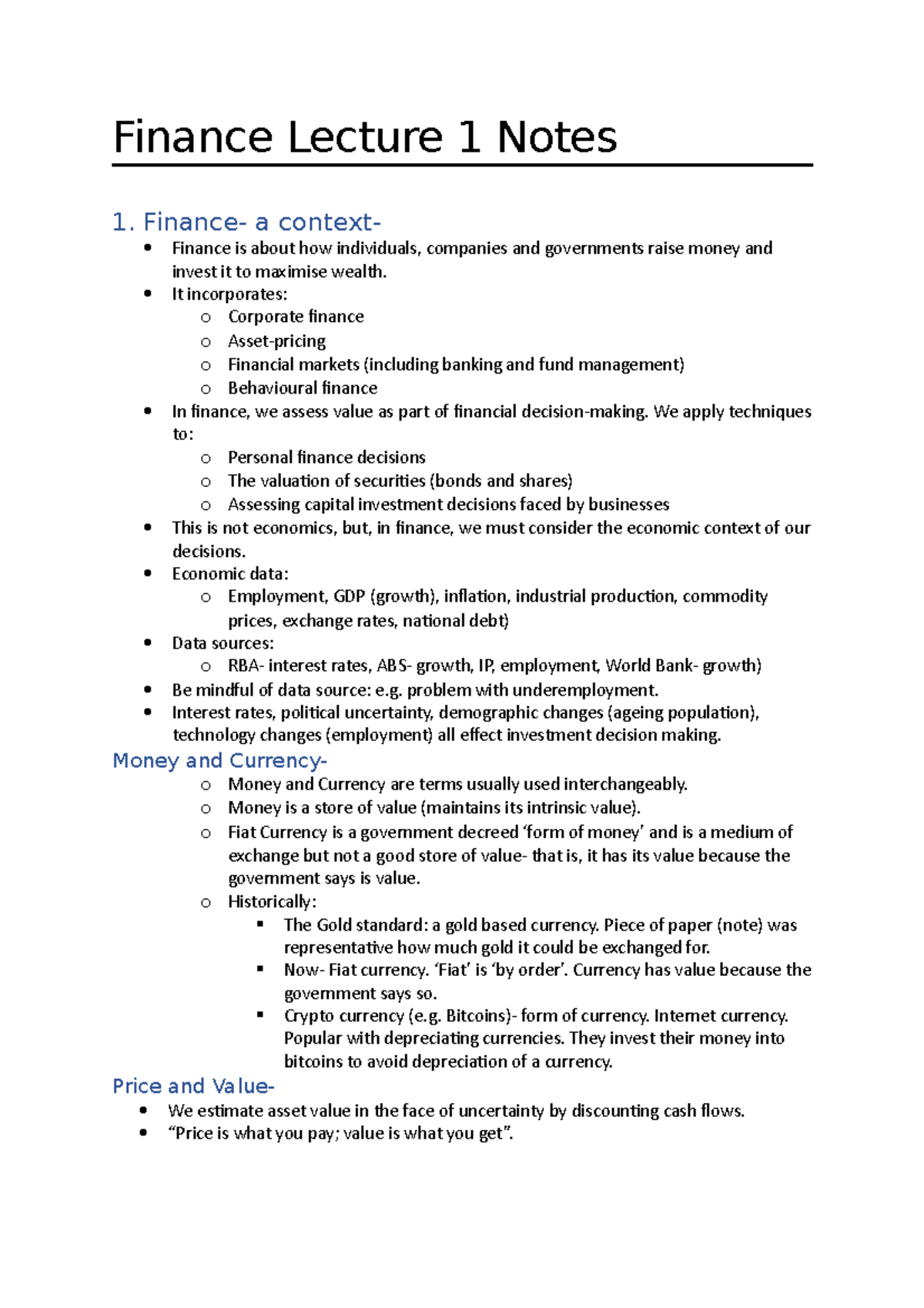 Lecture 1 Notes - Finance Lecture 1 Notes 1. Finance- a context Finance ...