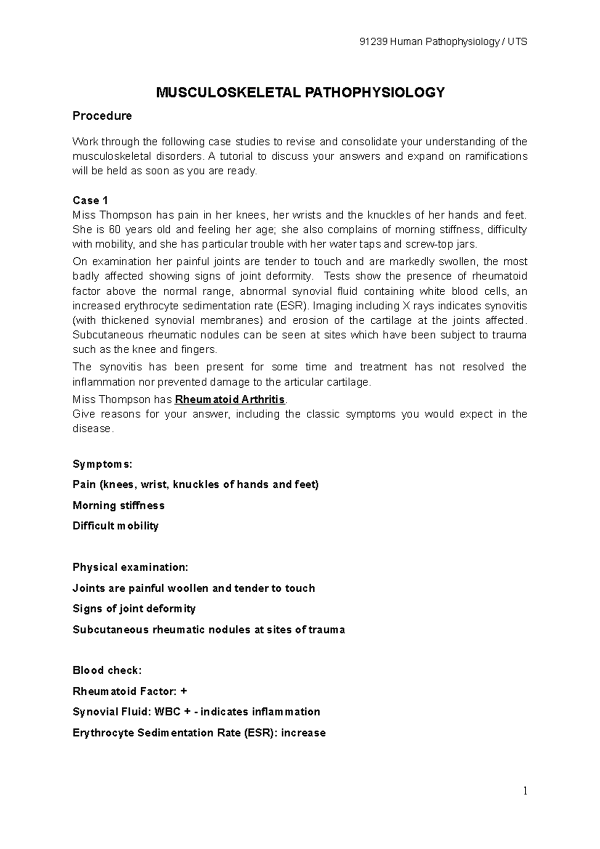 Week 8 - Musculoskeletal Patho worksheet - C10184v6 - Studocu