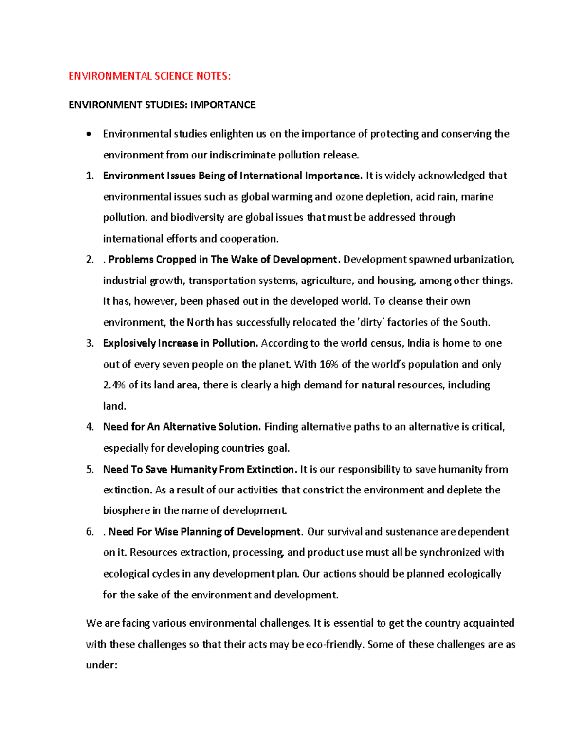 Environmental Science - ENVIRONMENTAL SCIENCE NOTES: ENVIRONMENT ...
