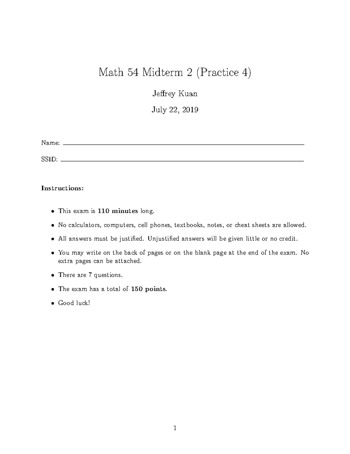 Math 54 Midterm 2 Practice 4 - Math 54 Midterm 2 (Practice 4) Jeffrey ...