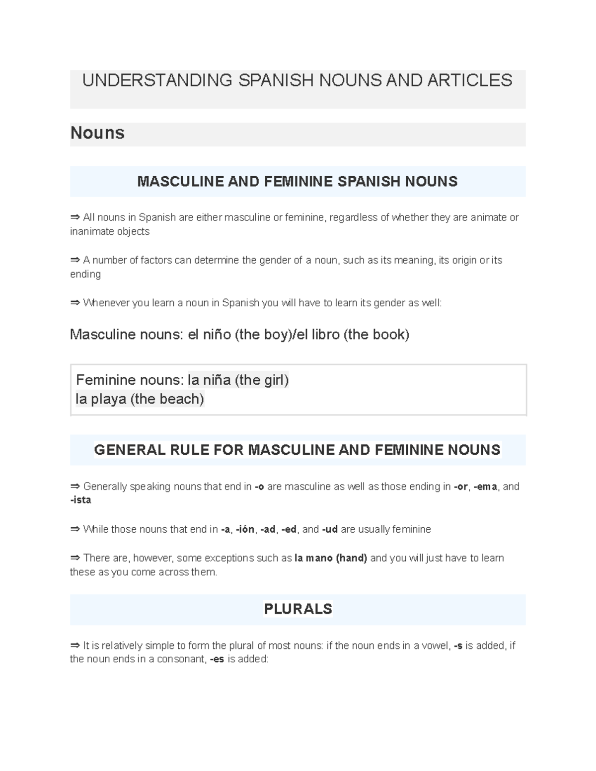 Spanish General Notes - UNDERSTANDING SPANISH NOUNS AND ARTICLES Nouns ...