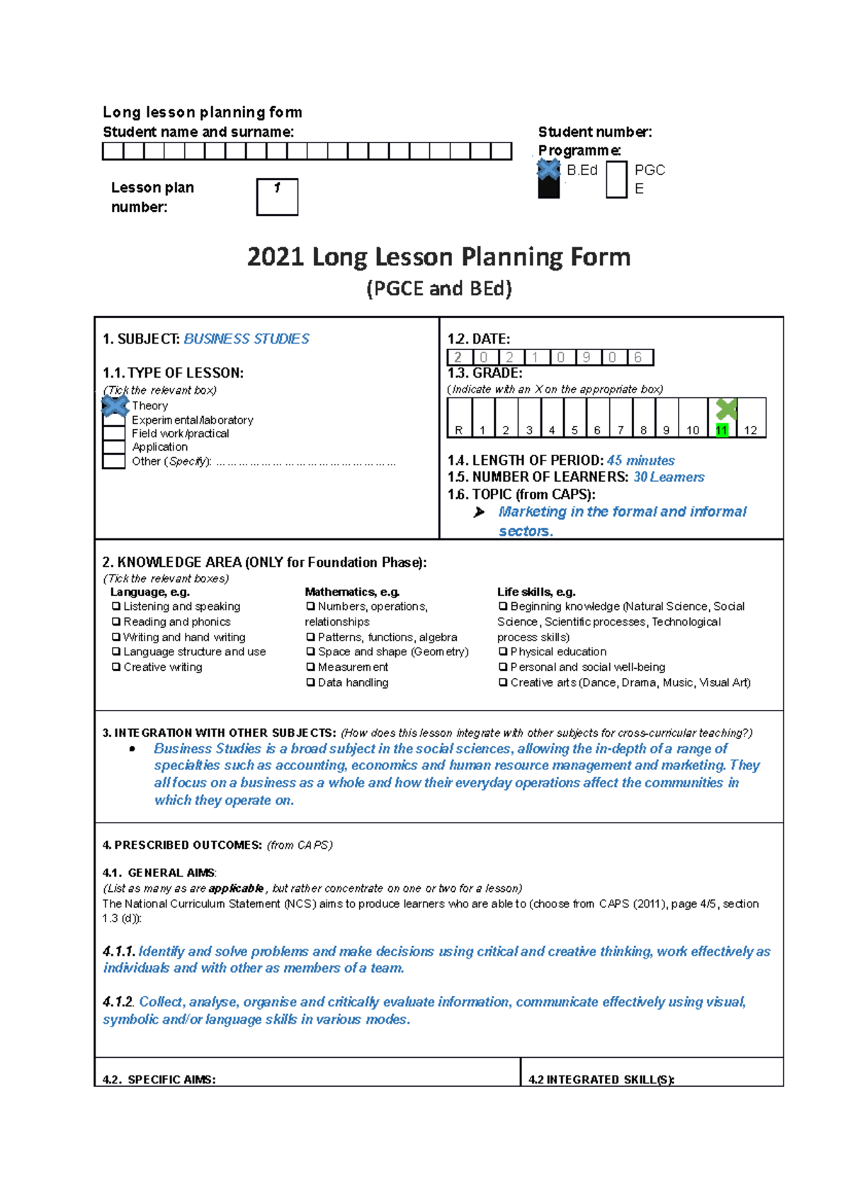 JMD 305 LONG Lesson PLAN Individual Assignment - Long lesson planning ...