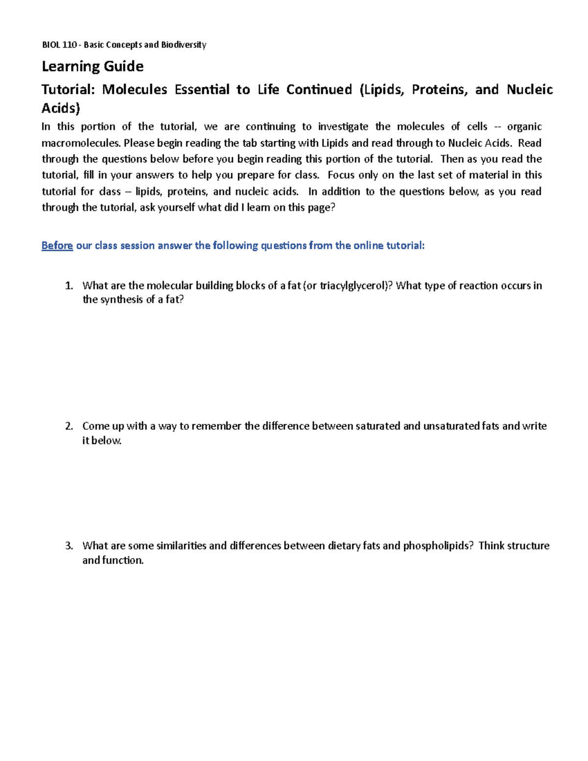 Learning Guide for Tutorial #3 - Part II Bio 110 - BIOL 110 - Basic ...