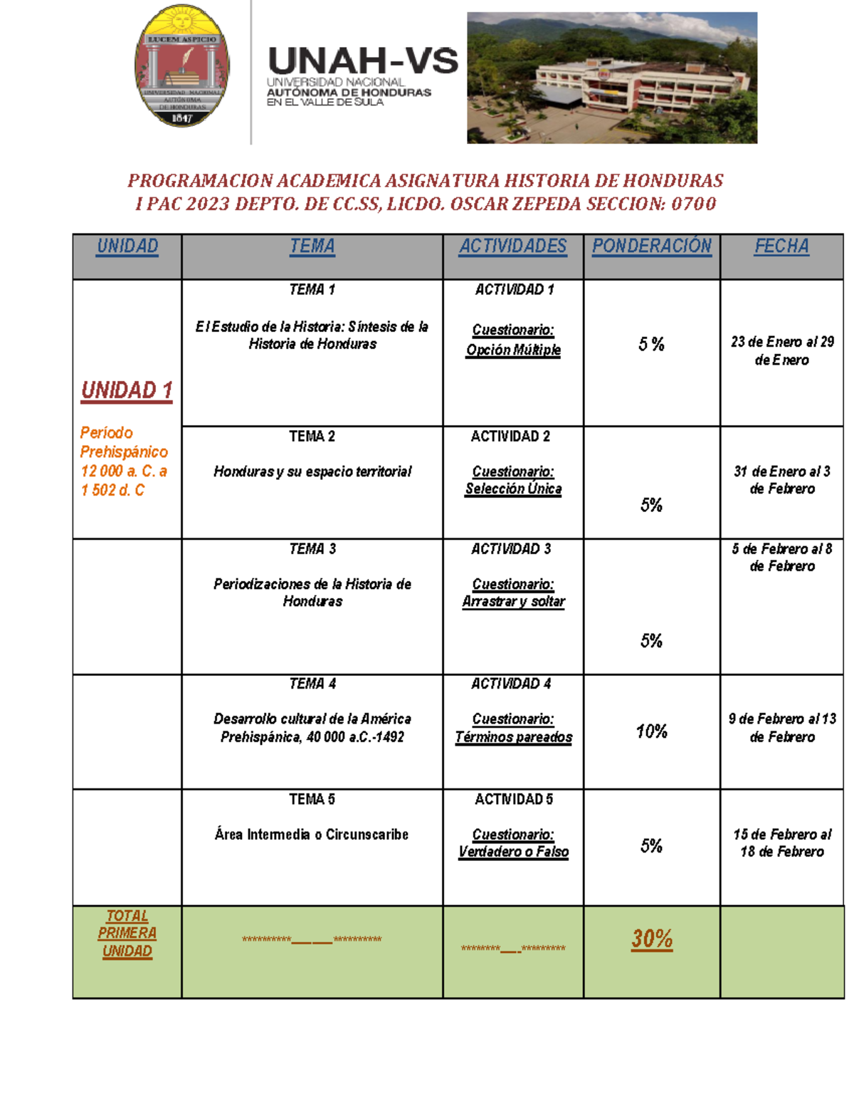 Calendario DE Actividades Seccion 0700 - PROGRAMACION ACADEMICA ASIGNATURA HISTORIA DE HONDURAS ...
