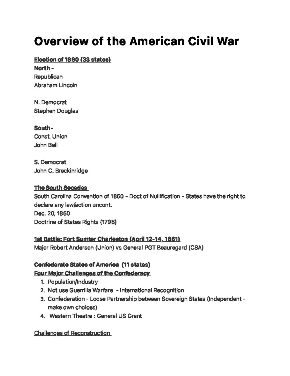 Overview of the American Civil War - O ve r v i ew o f t h e A m e r i ...