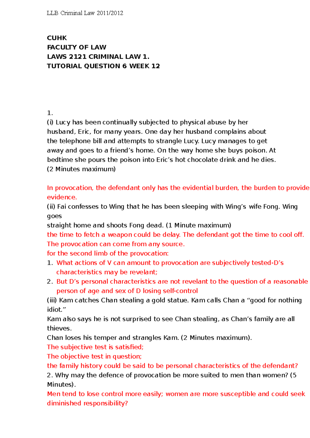 Crim-Tutorial 6 - Tutorial 6 - LLB Criminal Law 2011/2012 CUHK FACULTY ...