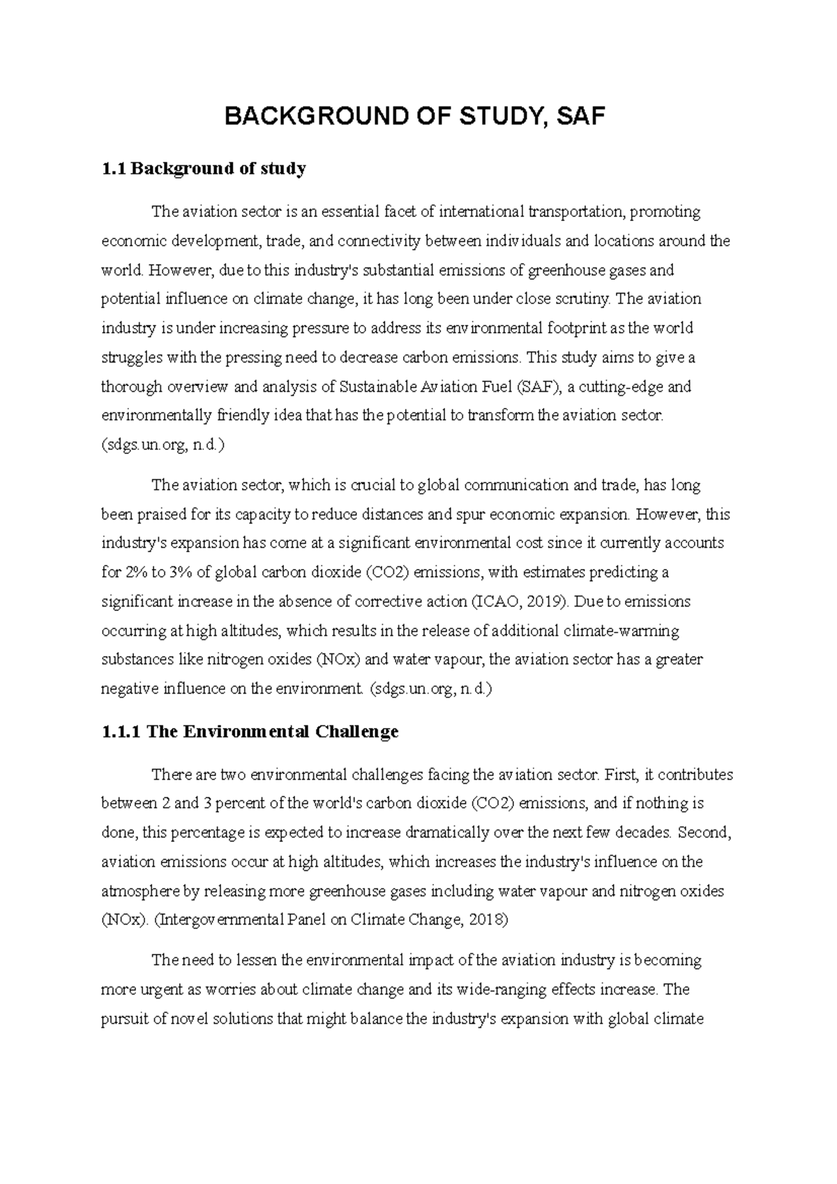 Background OF Study SAF - BACKGROUND OF STUDY, SAF 1 Background of study The aviation sector is ...
