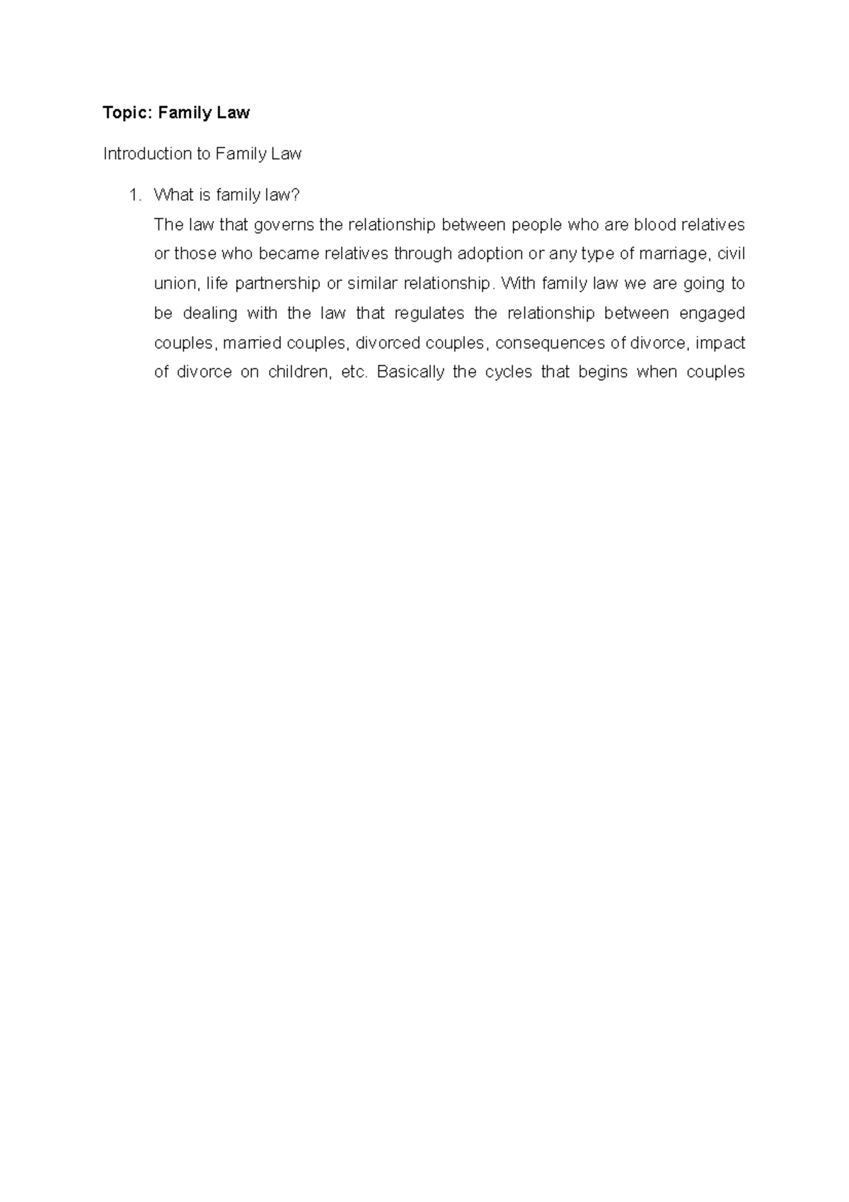 Family Law Summarized Notes 1 - Topic: Family Law Introduction to ...