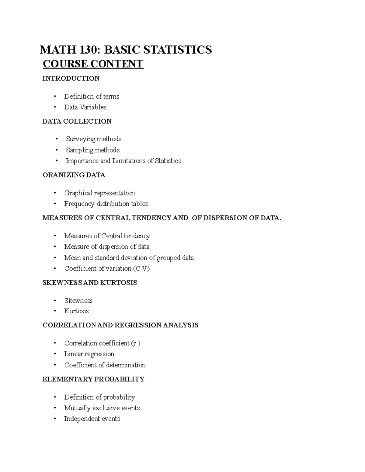 Basic statistics - MATH 130: BASIC STATISTICS COURSE CONTENT ...