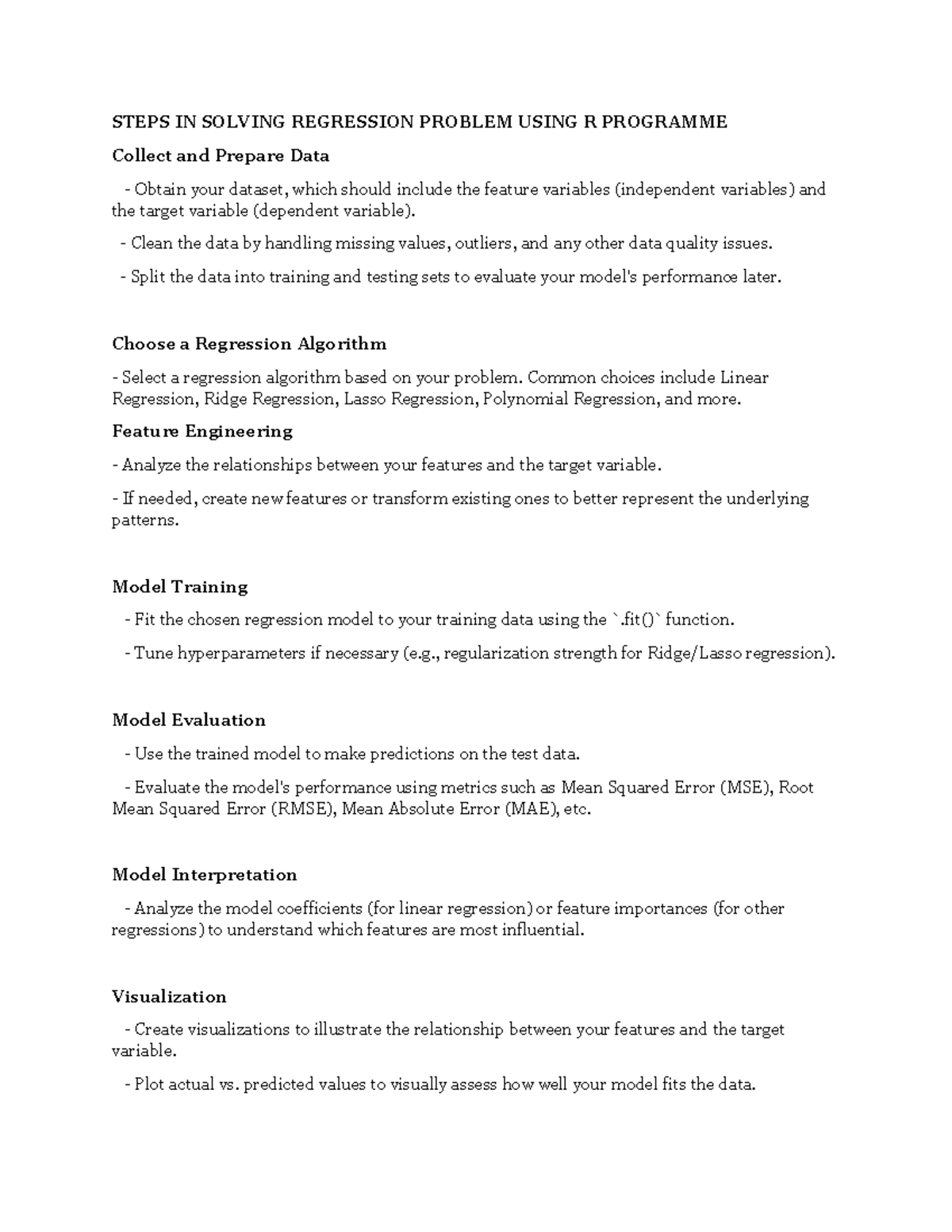 Rnote R For Statistical Computing Steps In Solving Regression