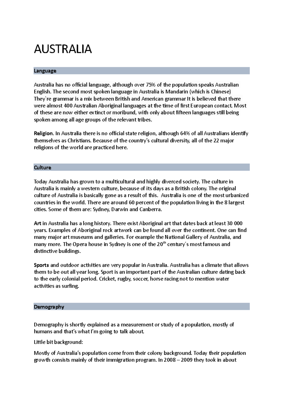 Australia - english - En analyse/tekst/faktatekst om Austrailia ...