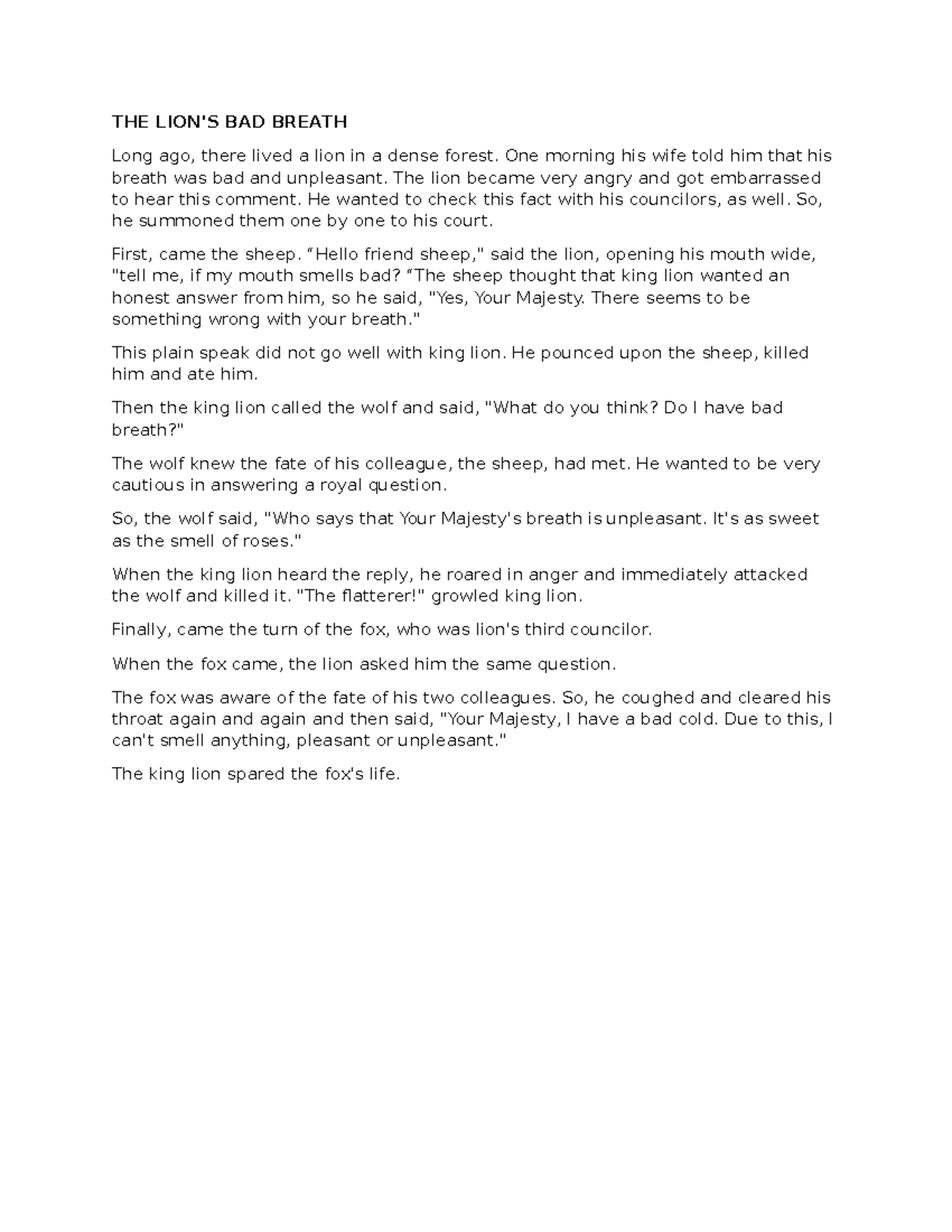 Storytelling piece - For practice materials - THE LION'S BAD BREATH ...