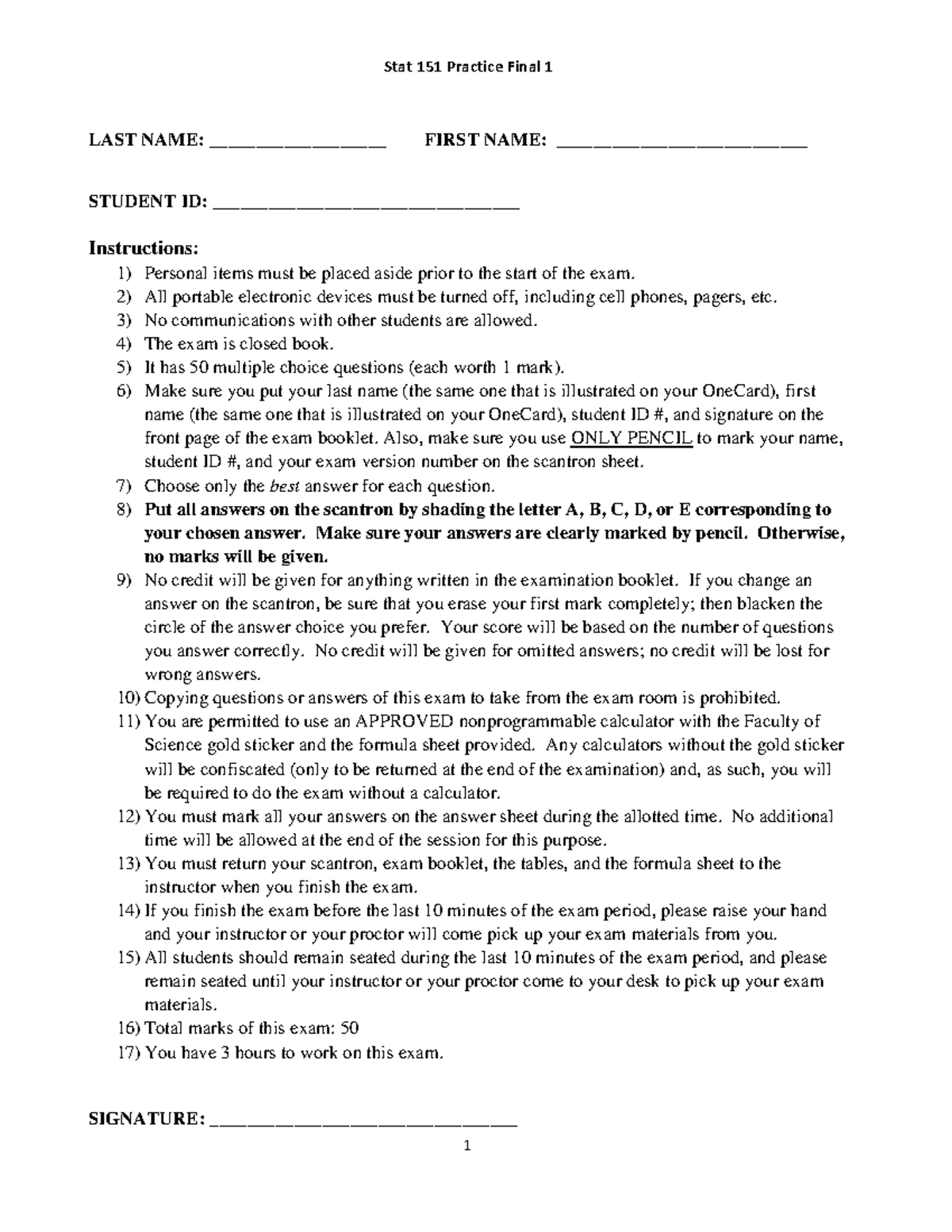 STATISTICS 151 Practice Final Exam 1 - LAST NAME: ___________________ FIRST NAME: - Studocu