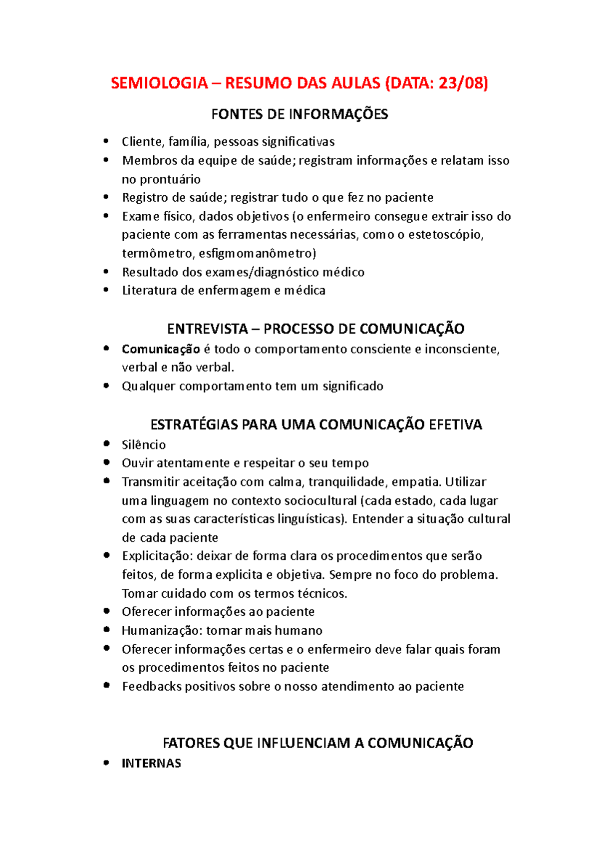 Semiologia ( Resumo DAS Aulas) - SEMIOLOGIA – RESUMO DAS AULAS (DATA ...