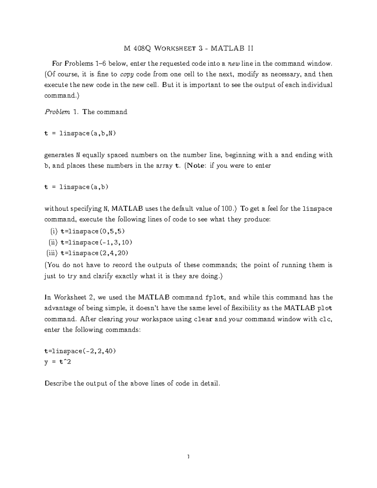 M 408Q Worksheet 3 (Fall 2022) - M 408Q Worksheet 3 - MATLAB II For ...