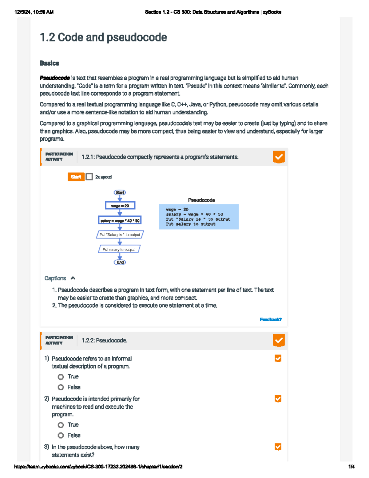 Zybooks 1.2 Code and pseudocode - 10:59 AM Section 1 CS 300: Data ...
