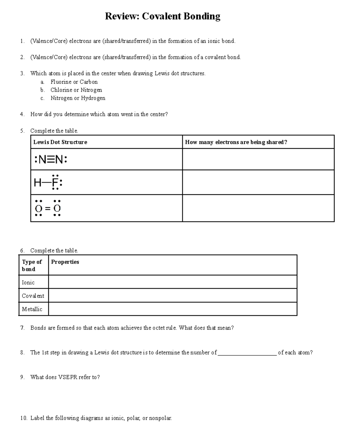 TEST Review: Covalent Bonding - Review: Covalent Bonding (Valence/Core ...