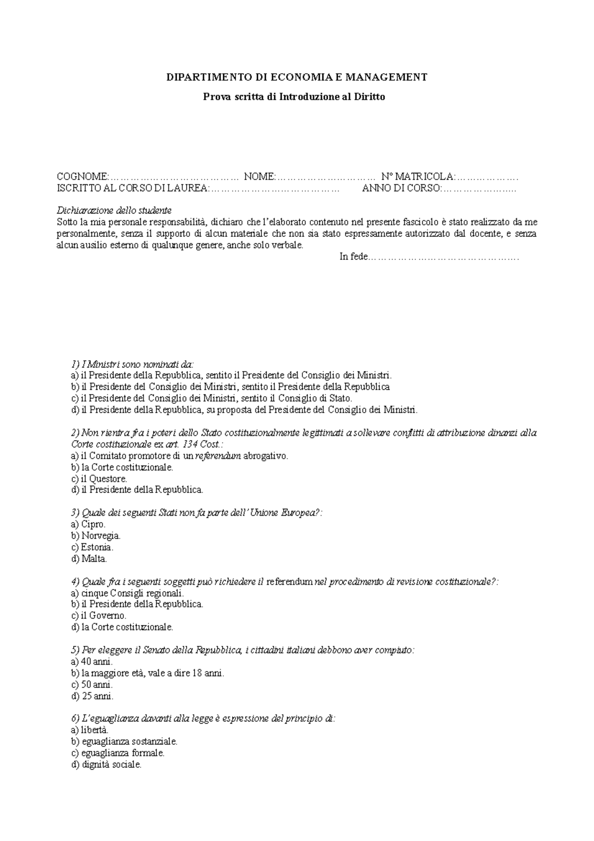 Esempio test scritto - DIPARTIMENTO DI ECONOMIA E MANAGEMENT Prova ...