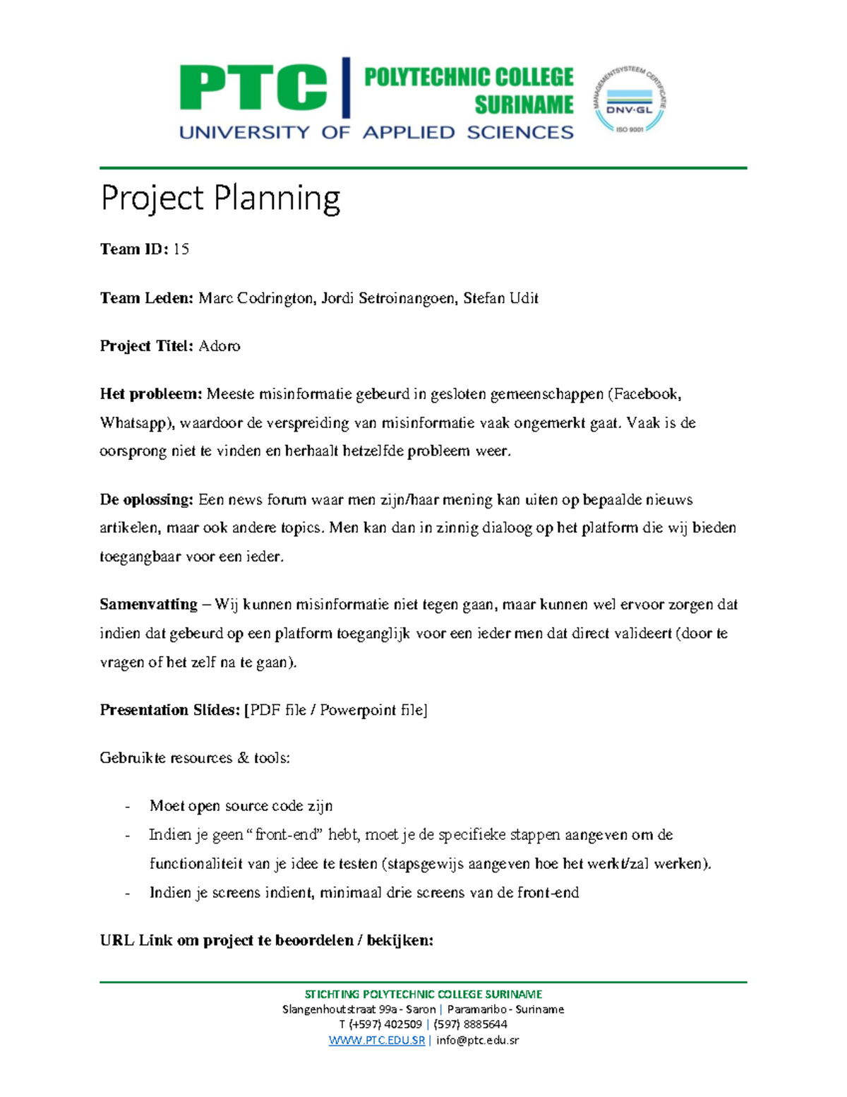 Project Planning Template - STICHTING POLYTECHNIC COLLEGE SURINAME ...