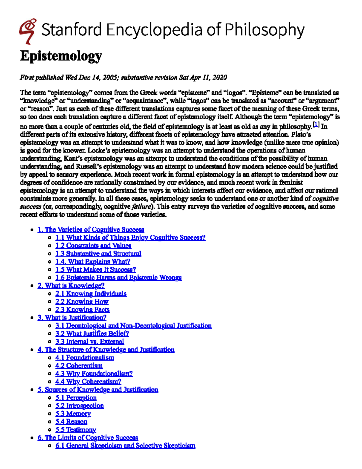 Epistemology (Stanford Encyclopedia of Philosophy) - CRT100 - Studocu