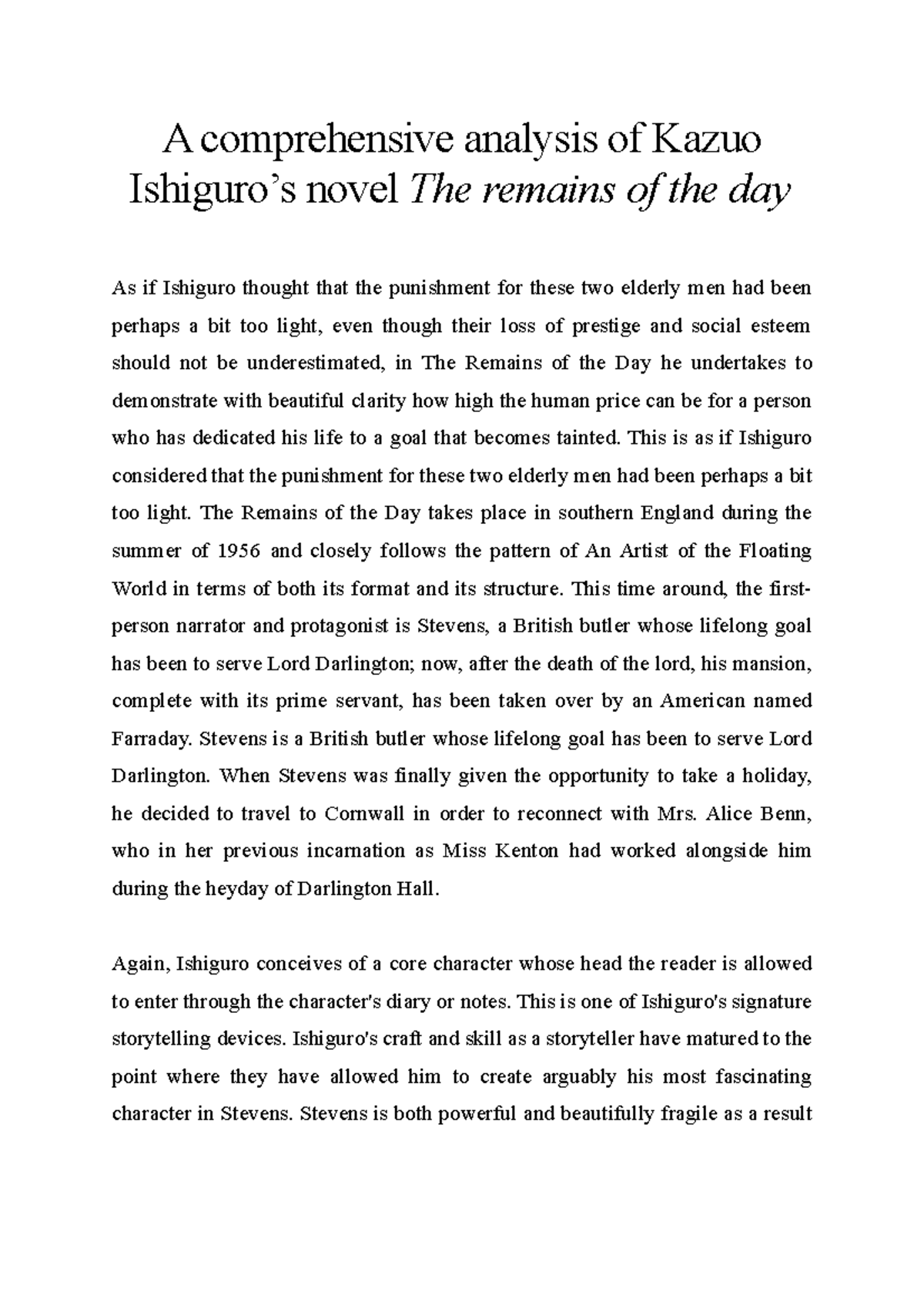 A comprehensive analysis of Kazuo Ishiguro’s novel The remains of the ...