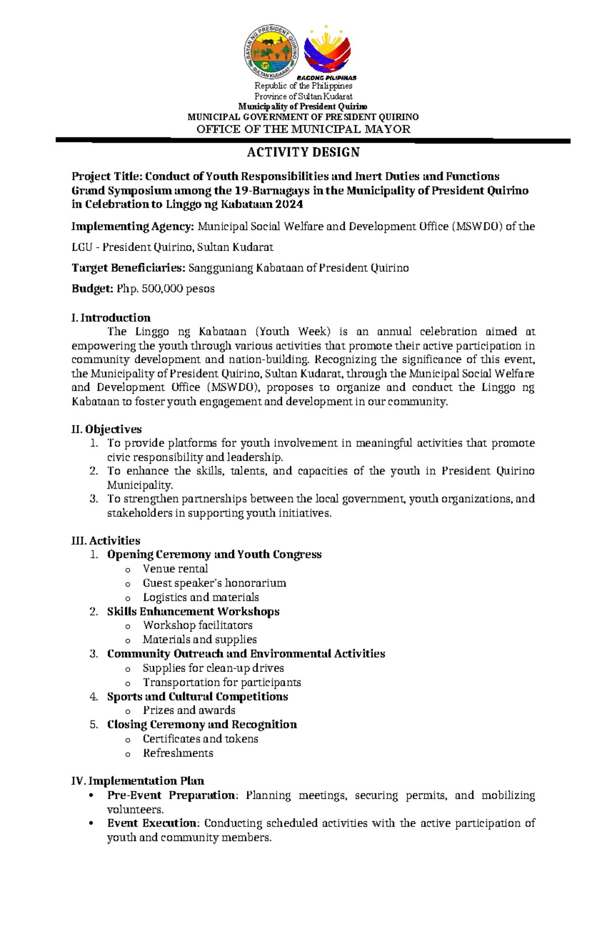 Activity Design-Conduct of Linggo ng Kabataan Youth Symposium - 300k ...