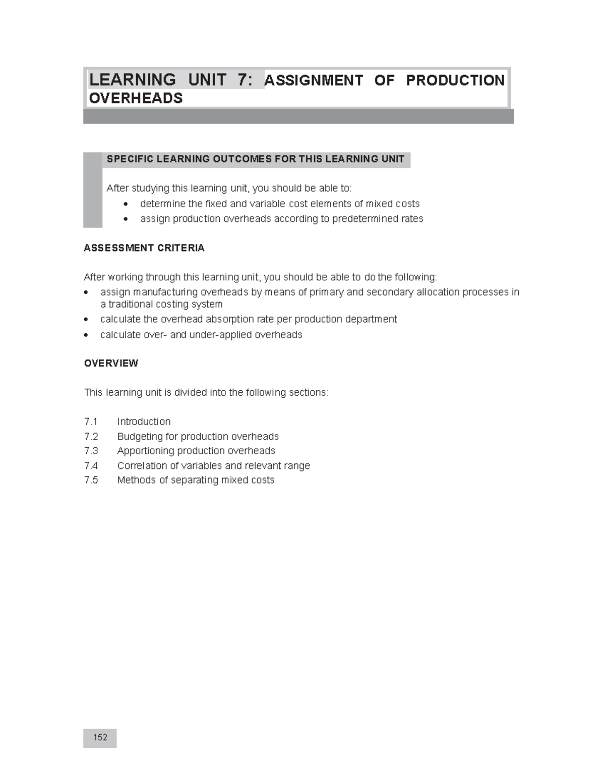 Learning unit 7 - notes on management accounting - 152 LEARNING UNIT 7 ...