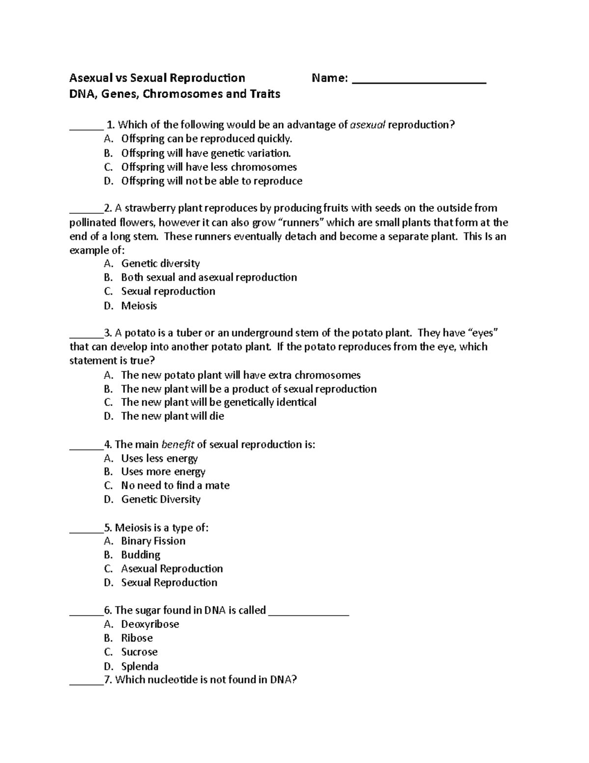 DNA Genes Chromosomes and Reproduction Assessment - Asexual vs Sexual ...