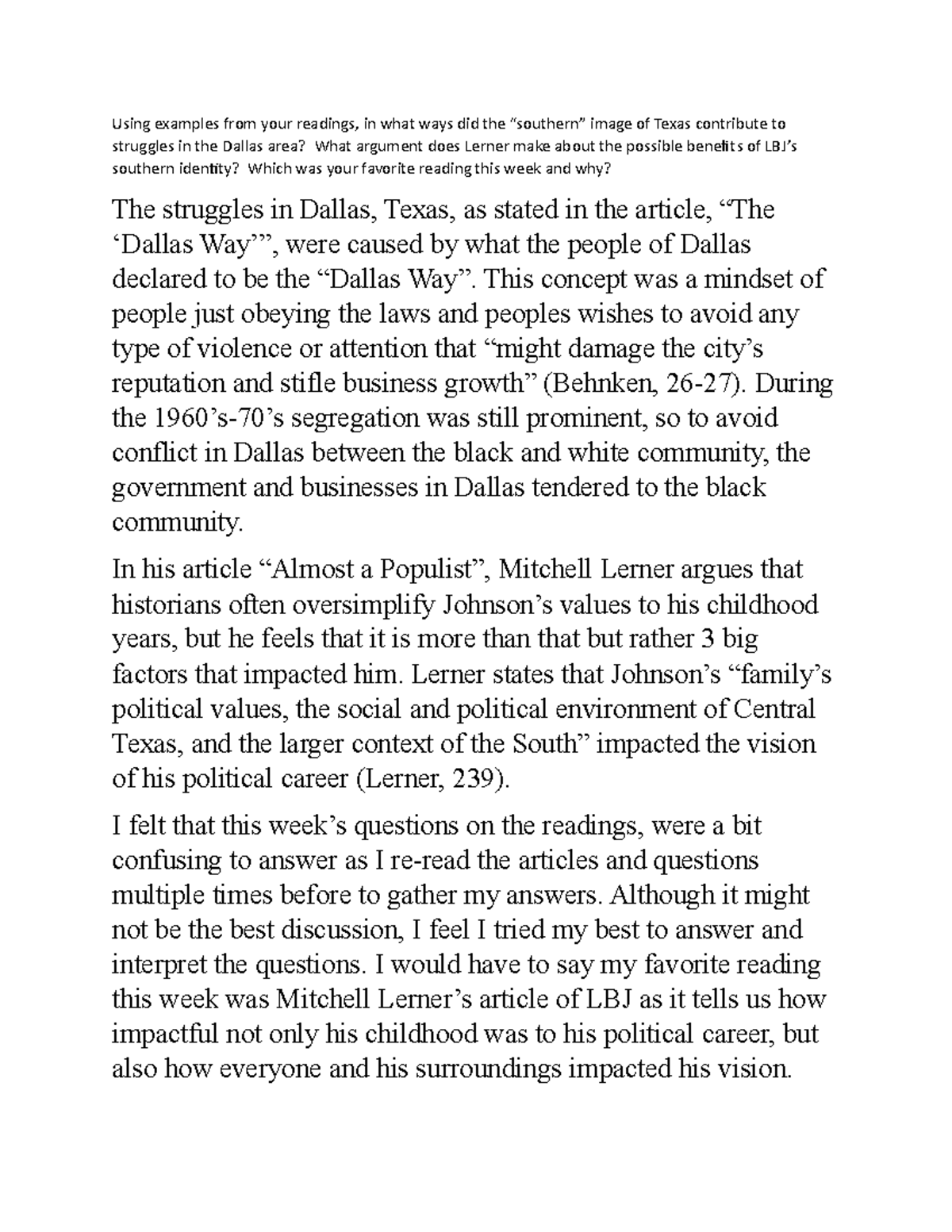 HIST 3333 Discussion 11 - Using examples from your readings, in what ...