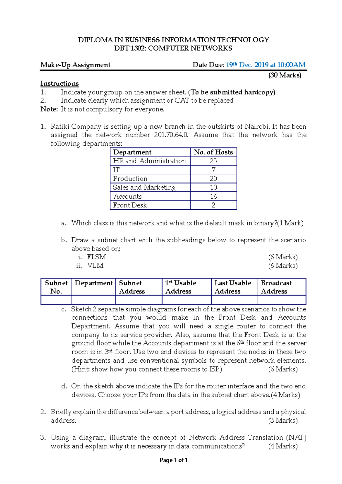 DBT 1302 Make-up Assignment - Page 1 of 1 DIPLOMA IN BUSINESS INFORMATION TECHNOLOGY DBT 1302 ...