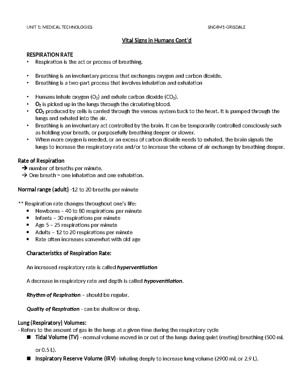 Lesson 2B-Vital Signs- Student NOTE - Vital Signs in Humans Cont’d ...