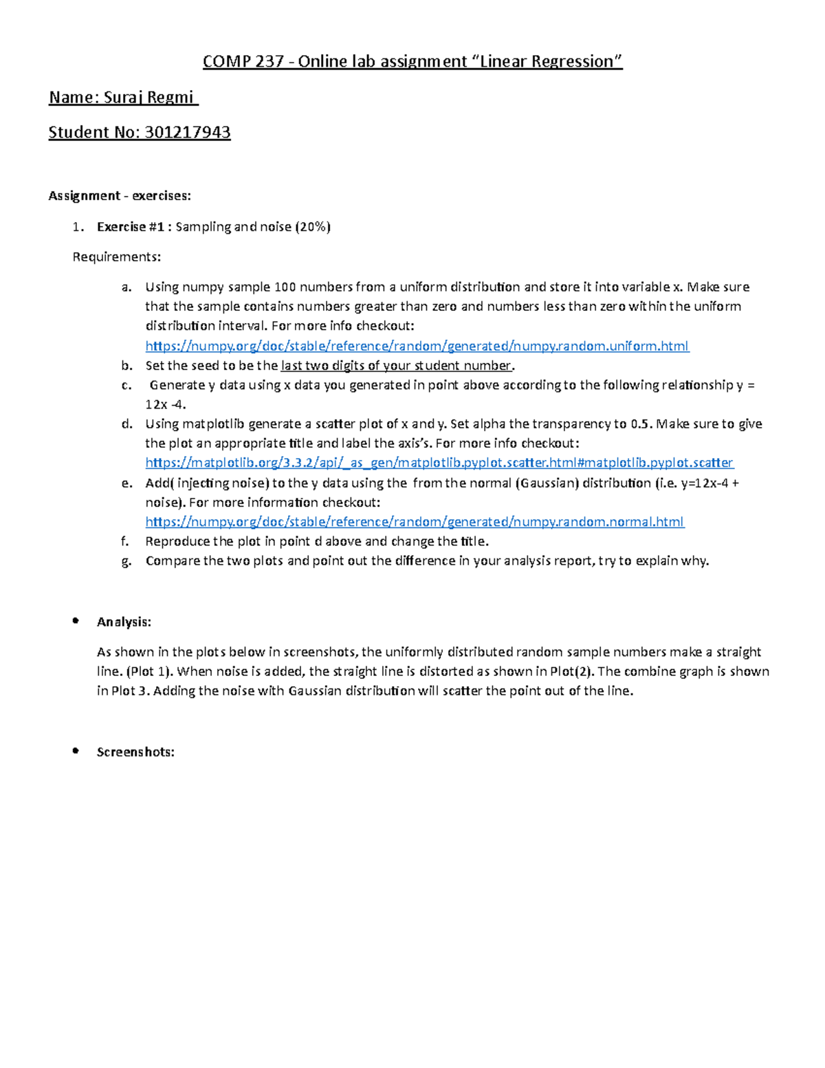 Written responses - COMP 237 - Online lab assignment “Linear Regression ...