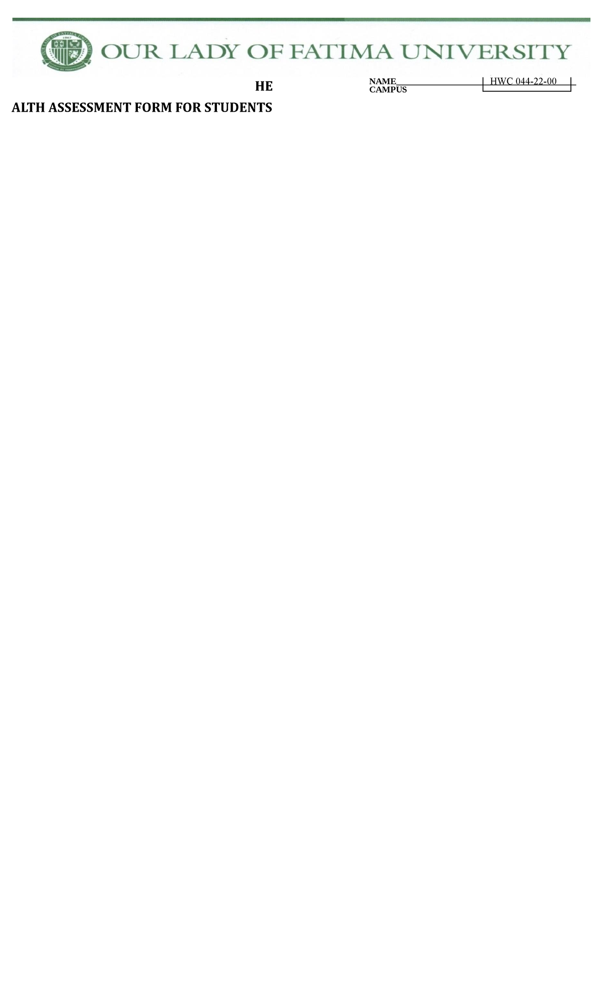 HAF 2022 for students - HE ALTH ASSESSMENT FORM FOR STUDENTS NAME ...