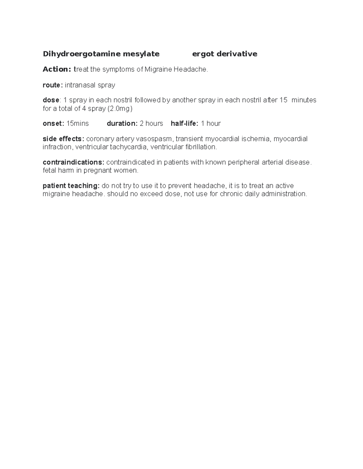 Ch25 med card - dfgdg - Dihydroergotamine mesylate ergot derivative ...
