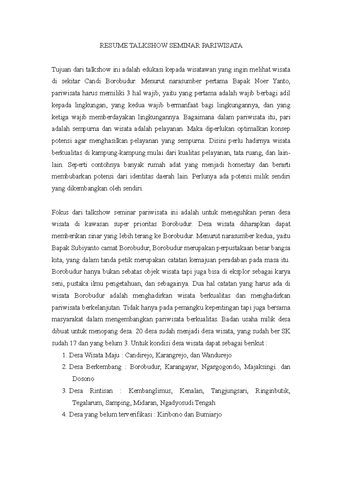 Resume Talkshow Seminar Pariwisata - RESUME TALKSHOW SEMINAR PARIWISATA ...