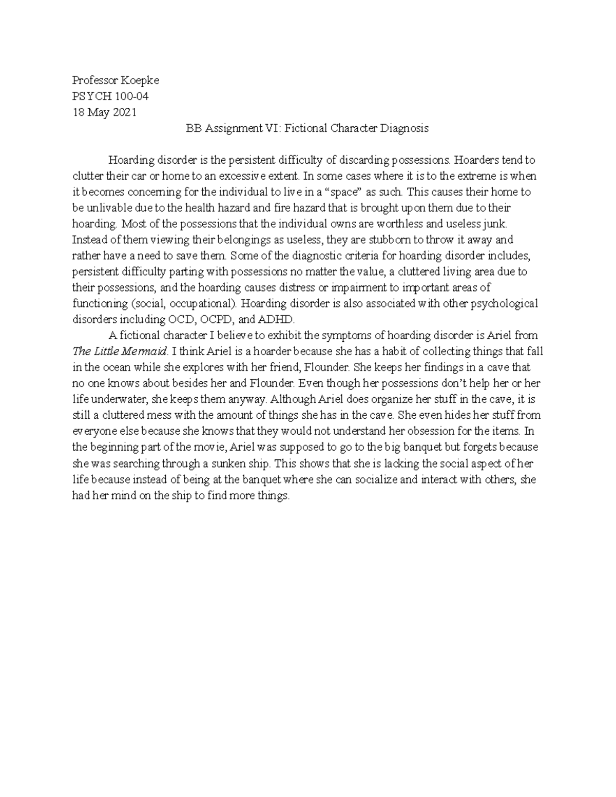 PSYCH 100-04 BB Assignment VI Fictional Character Diagnosis - Professor ...