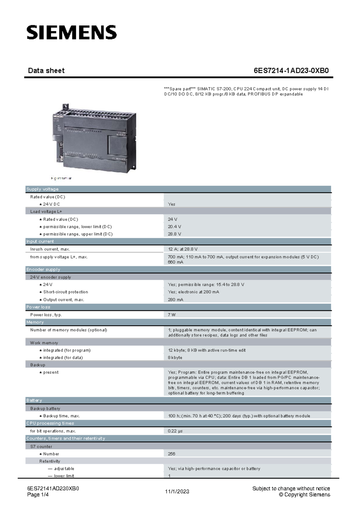 6ES72141 AD230XB0 datasheet en - Data sheet 6ES7214-1AD23-0XB Spare ...