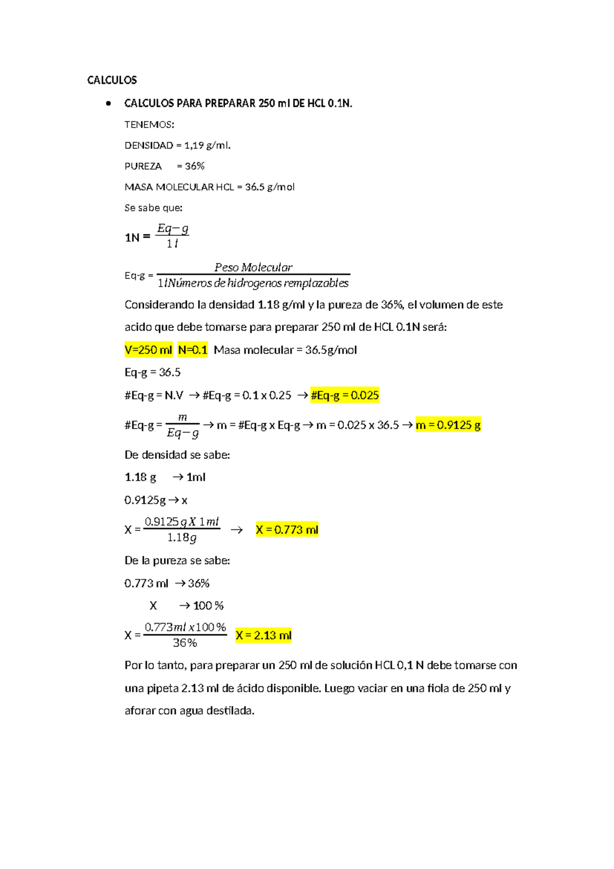 PREPARACION Y VALORACION DEL HCL Y NaOH 0,1N - CALCULOS CALCULOS PARA ...