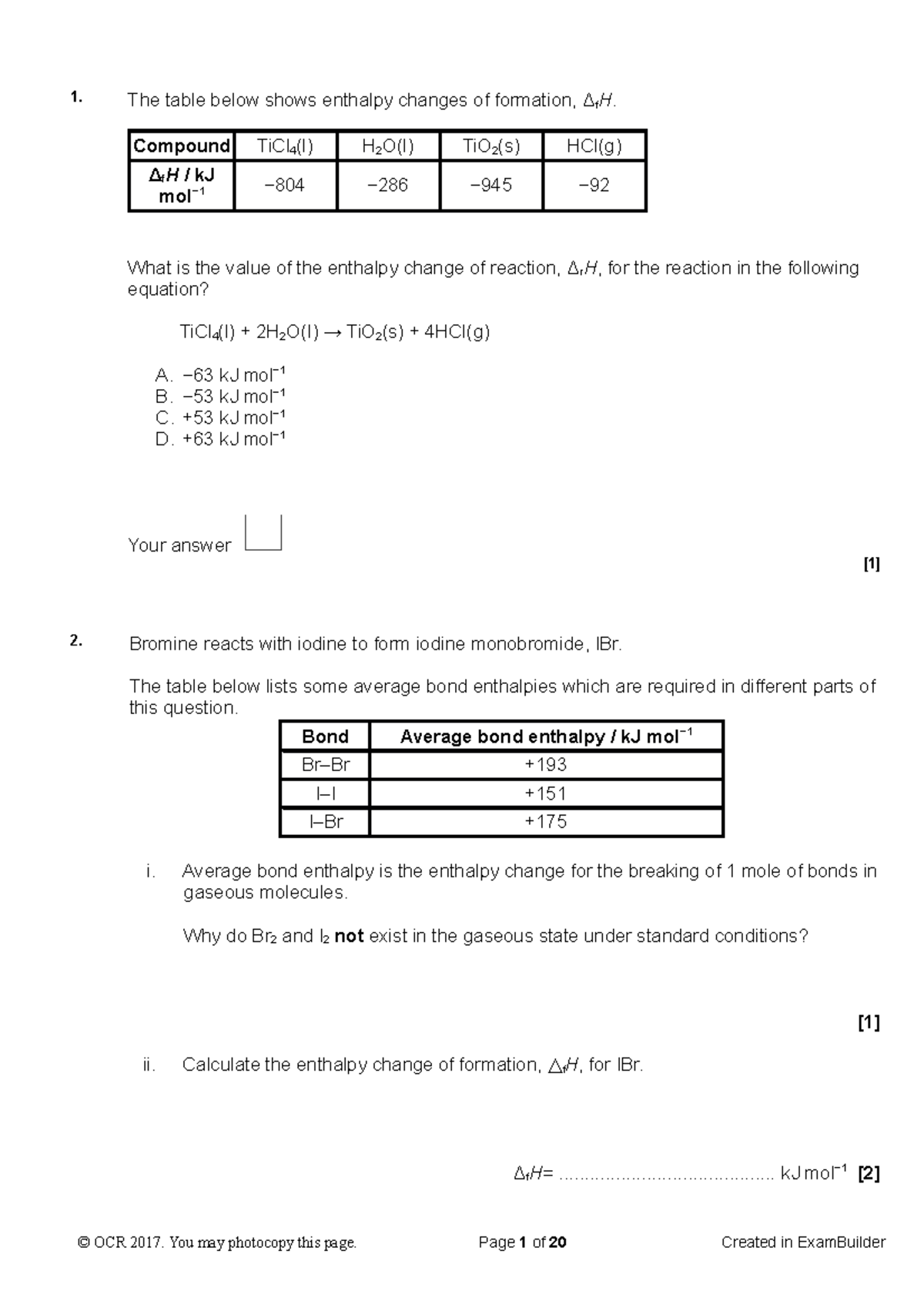 9 AS Enthalpy - As level - The table below shows enthalpy changes of ...