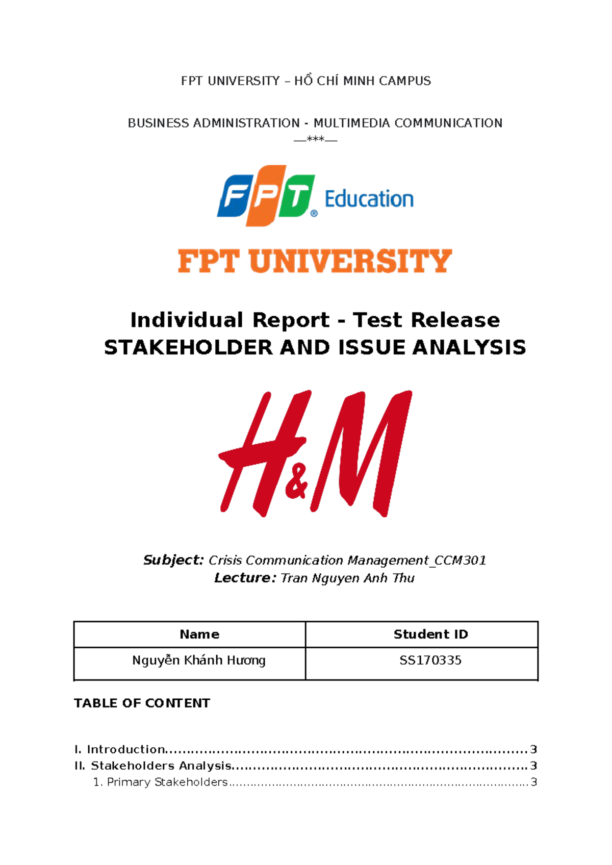 MC1703 - Nguyen Khanh Huong - Stakeholder and Issue Analysis - FPT ...