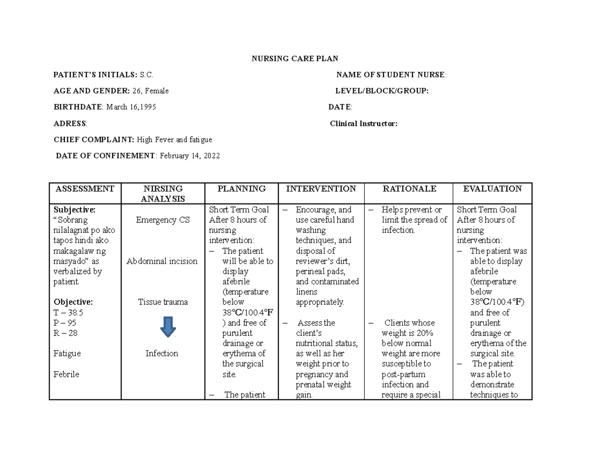 Nursing Care Plan In Emergency Cesarean Tissue Trauma NURSING CARE