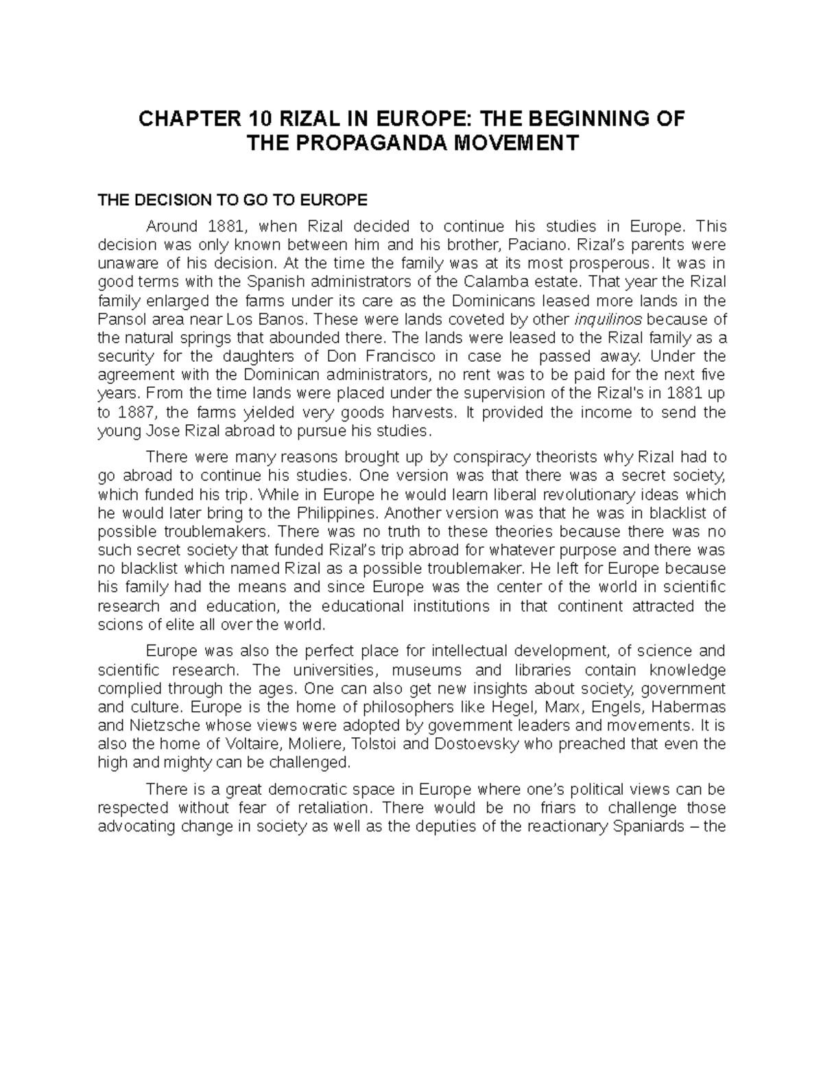 Chapter 10 - CHAP 9 Rizal - CHAPTER 10 RIZAL IN EUROPE: THE BEGINNING OF THE PROPAGANDA MOVEMENT ...