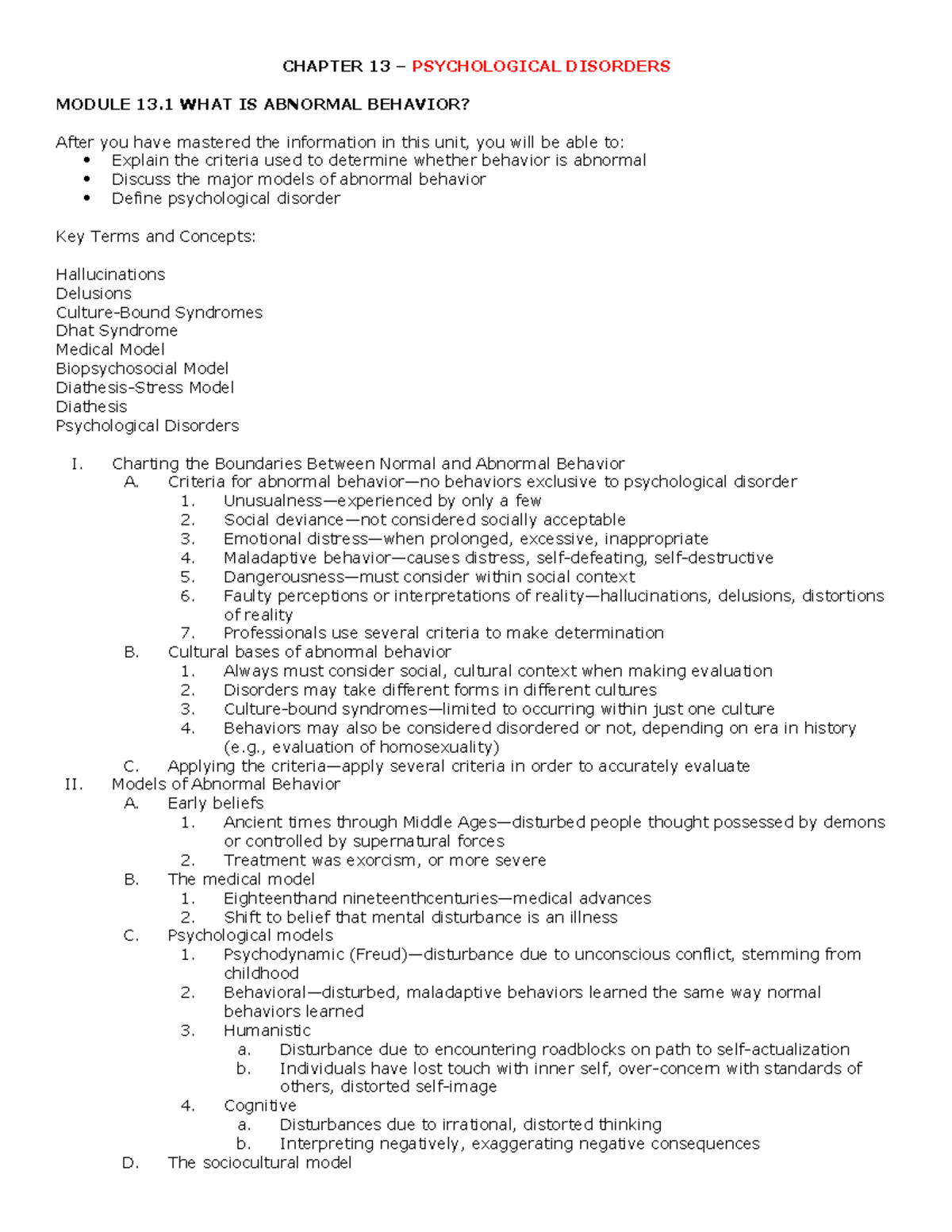 Ch13 Psychological Disorders - CHAPTER 13 – PSYCHOLOGICAL DISORDERS ...