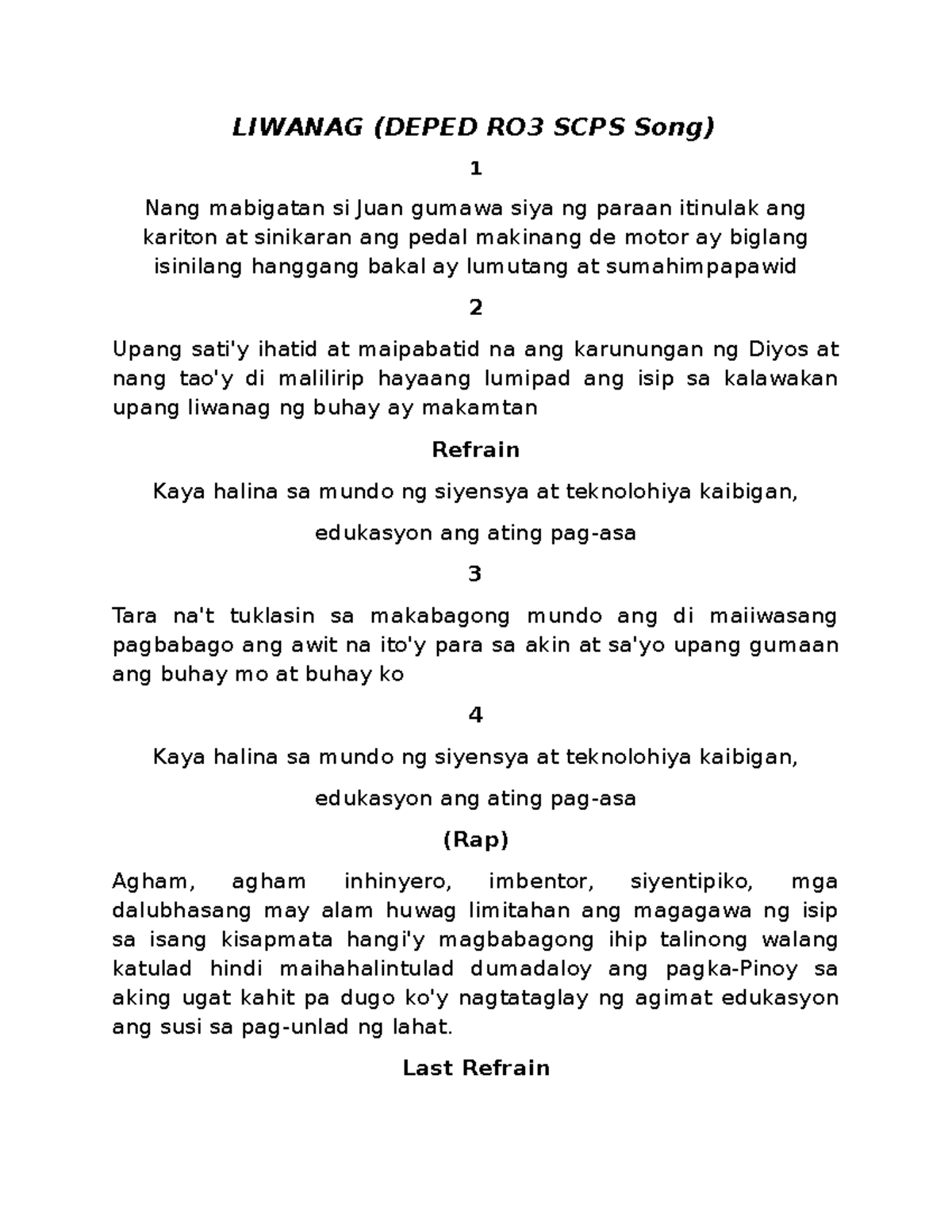 Liwanag-RO3- Lyrics - LIWANAG (DEPED RO3 SCPS Song) 1 Nang mabigatan si ...